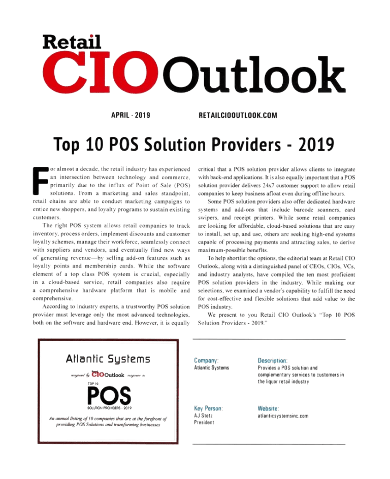 Atlantic Systems Wins CIO Outlook Top 10 POS System Award