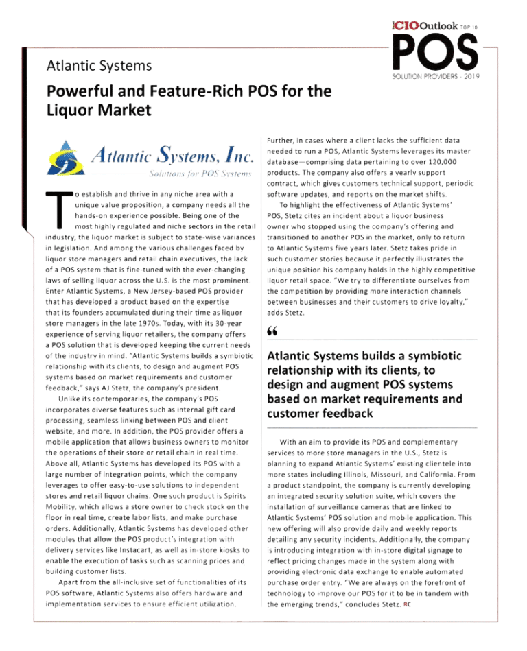 Atlantic Systems Among CIO Outlook's Top 10 POS Systems